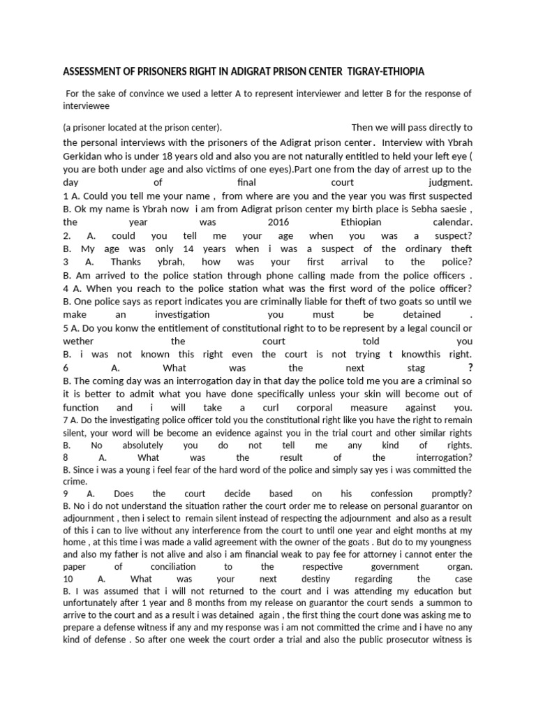 Prisoner Rights Assessment in Adigrat, Ethiopia | PDF | Prison | Mental ...