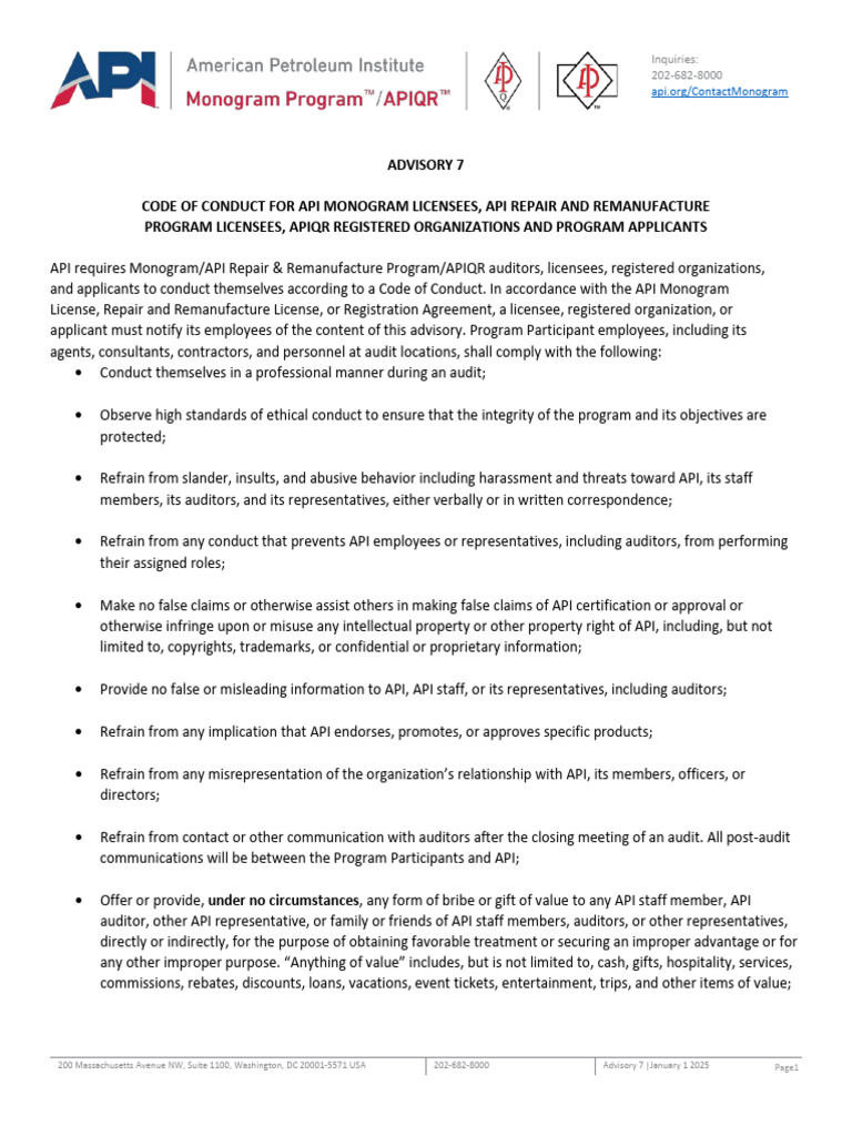 API Monogram Code of Conduct Advisory | PDF | Audit | License