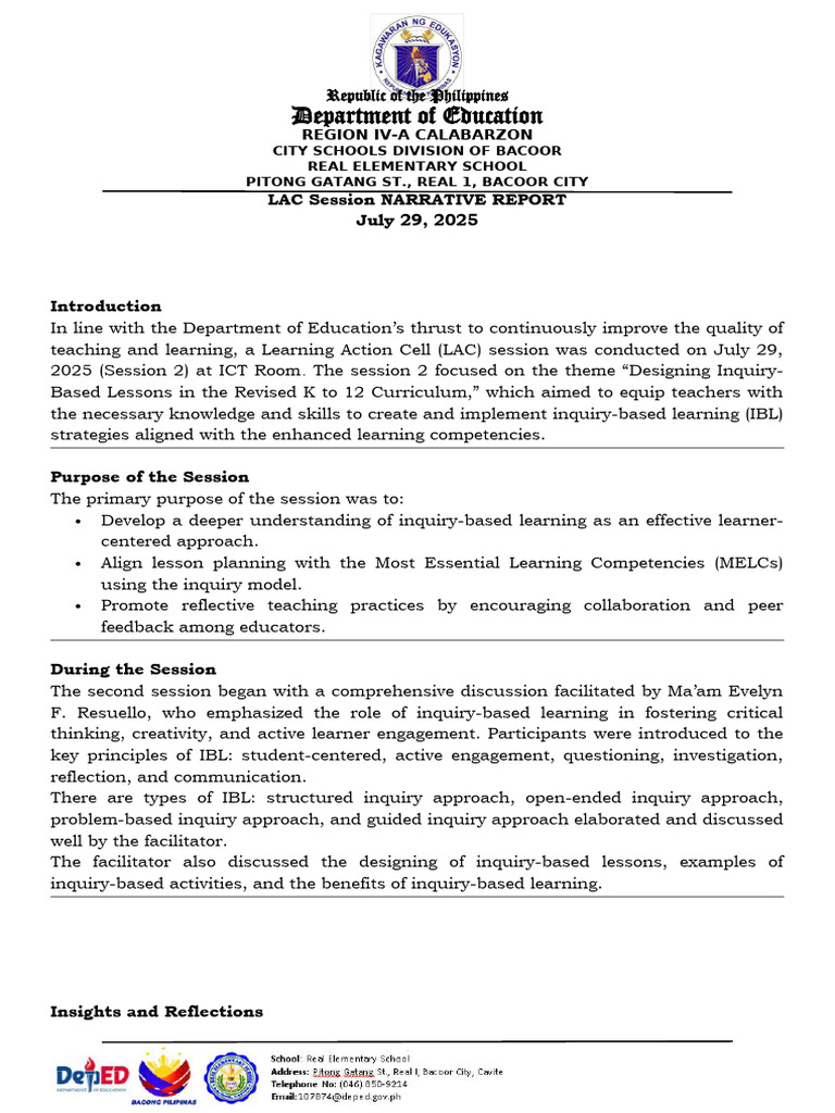 Lac Session Narrative Report - 7.29.25 | PDF | Inquiry Based Learning ...