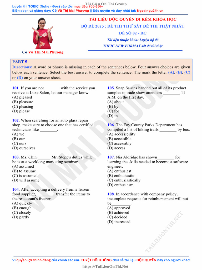 Co Vu Mai Phuong Bo de 2025 de Sat de Thi Toeic New Format That Nhat de So 02 Rc (1) | PDF