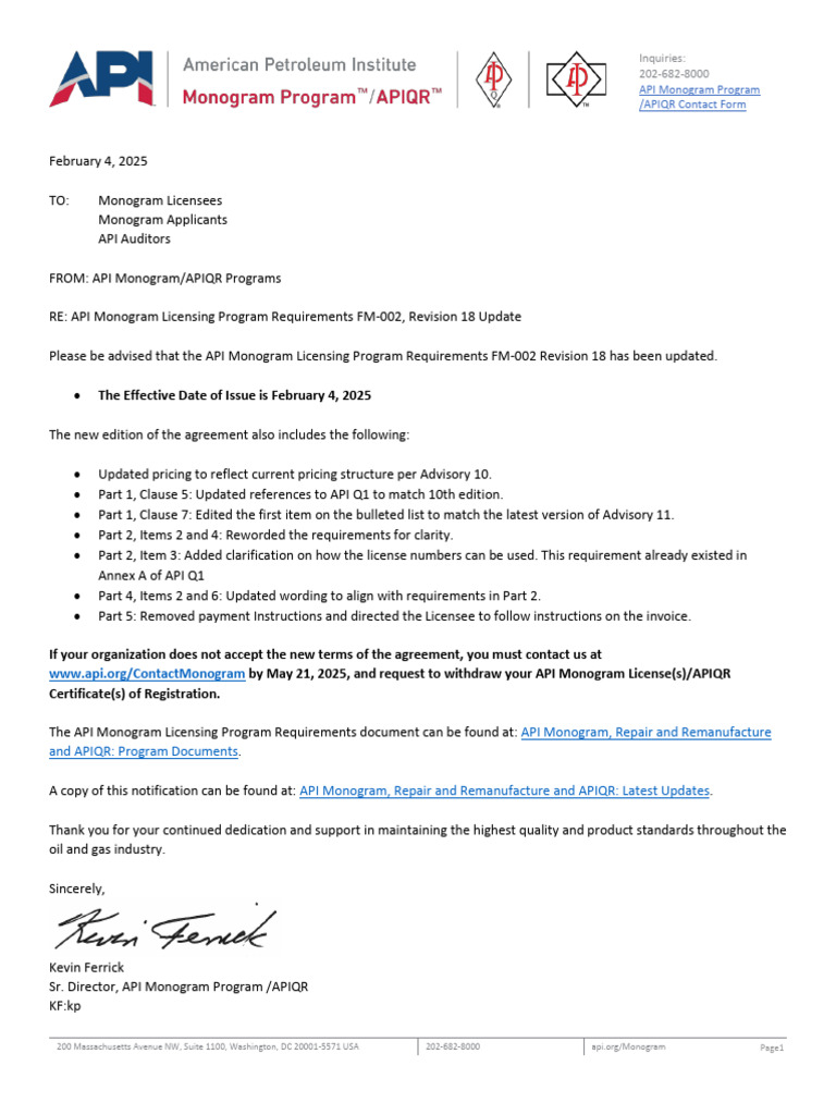 API Monogram Licensing Update FM-002 | PDF