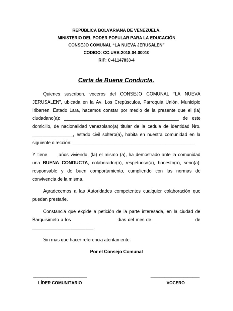 Carta De Buena Conducta Pdf