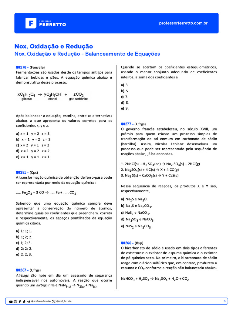 Questions Quimica Nox Oxidacao e Reducao Nox Oxidacao e Reducao ...
