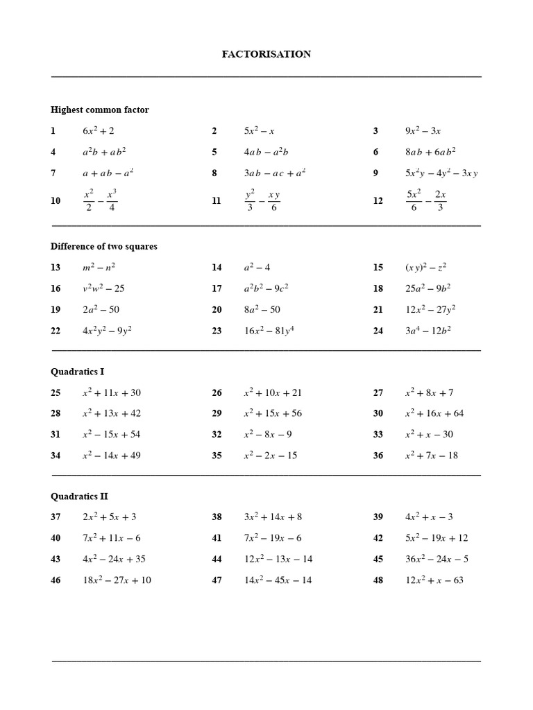 Factorisation Worksheet IGCSE Maths | PDF