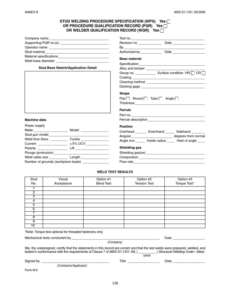 AWS N-9 Stud Welding Procedure Specification (WPS) Form | PDF | Welding ...