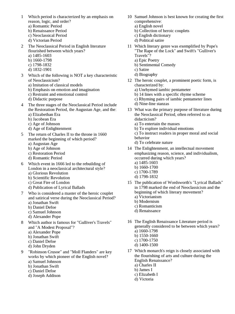 Neoclassical and Renaissance Literature Quiz | PDF | English Literature ...