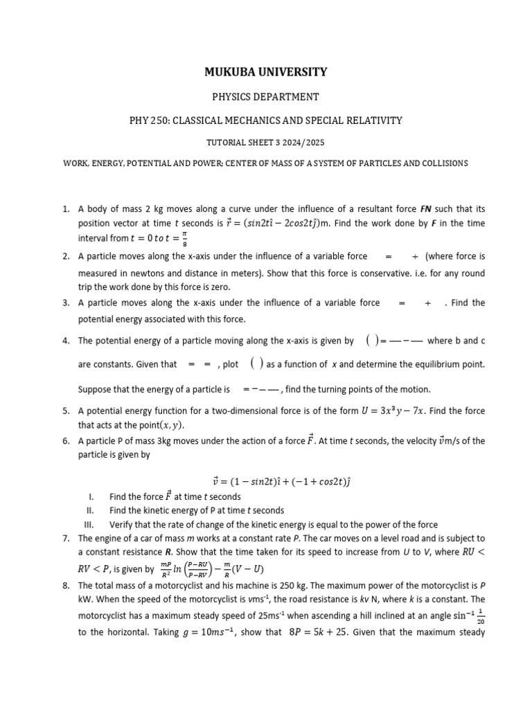 Tutorial Sheet 3 - Phy - 250 - 2024 - 2025 | PDF | Force | Mass