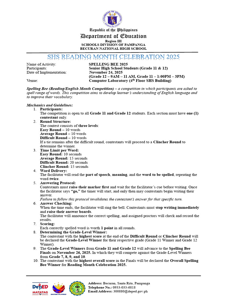 Spelling Bee Competition 2025 Details | PDF