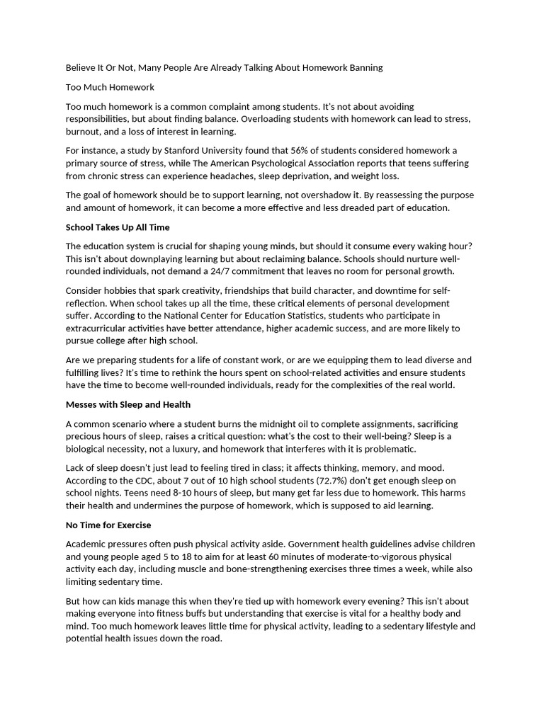 Why Homework Should Bembanned | PDF | Homework | Well Being