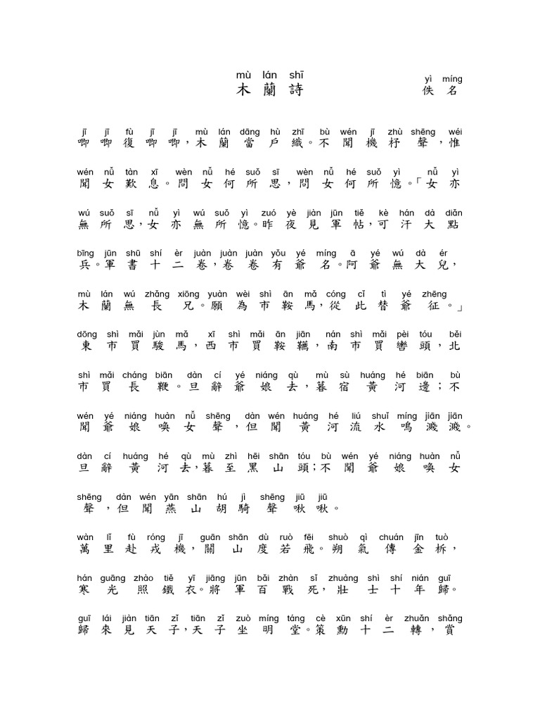 Pin Yin Mu Lan Ci | PDF