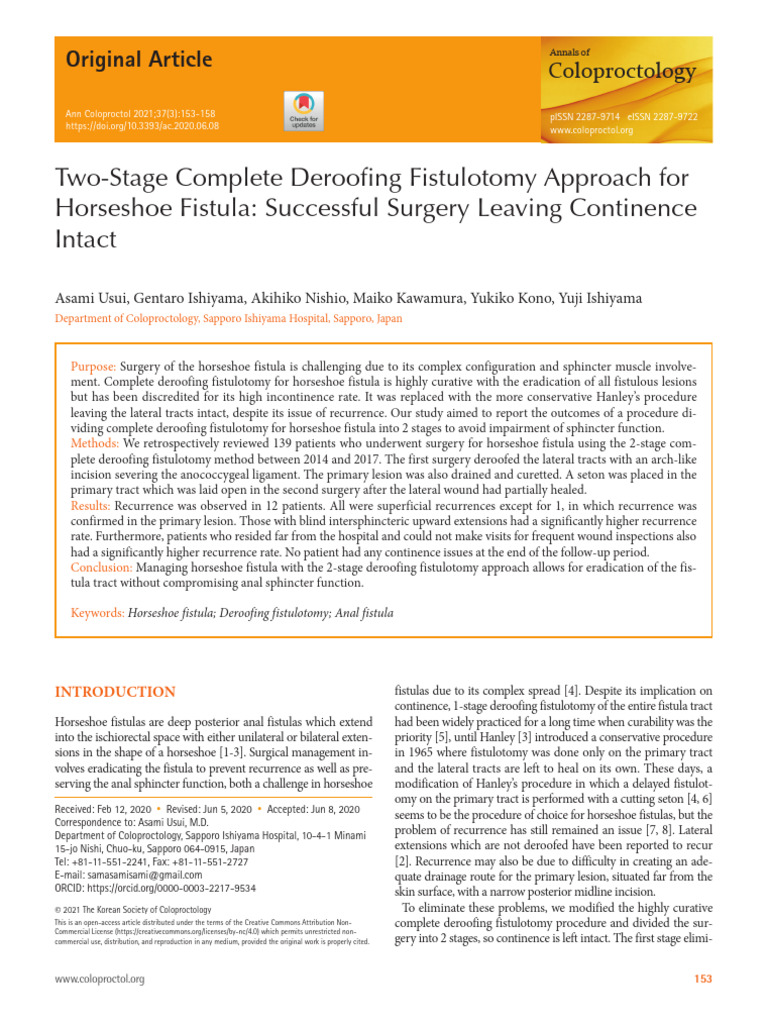 Two-Stage - Complete Deroofing Fistulotomy Approach For Horseshoe ...