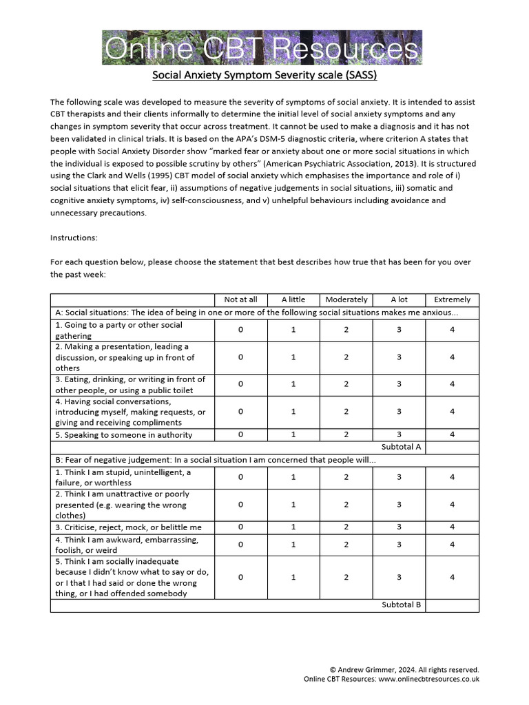 Social Anxiety Severity Scale (SASS) | PDF | Social Anxiety Disorder ...
