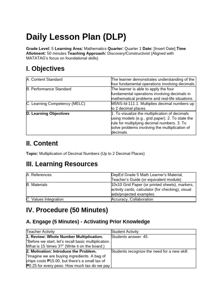 Daily Lesson Plan - Multiplying Decimals | PDF | Learning | Multiplication