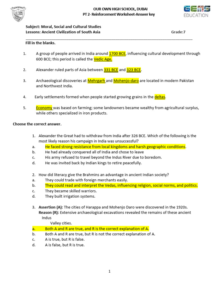 Ancient Indian Civilization Worksheet | PDF