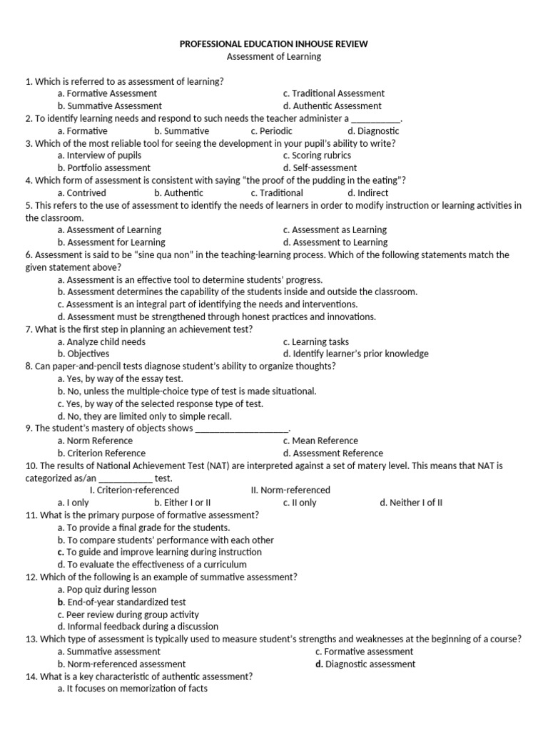 Inhouse Review (Prof. Ed) ANSWER KEY | PDF | Educational Assessment ...