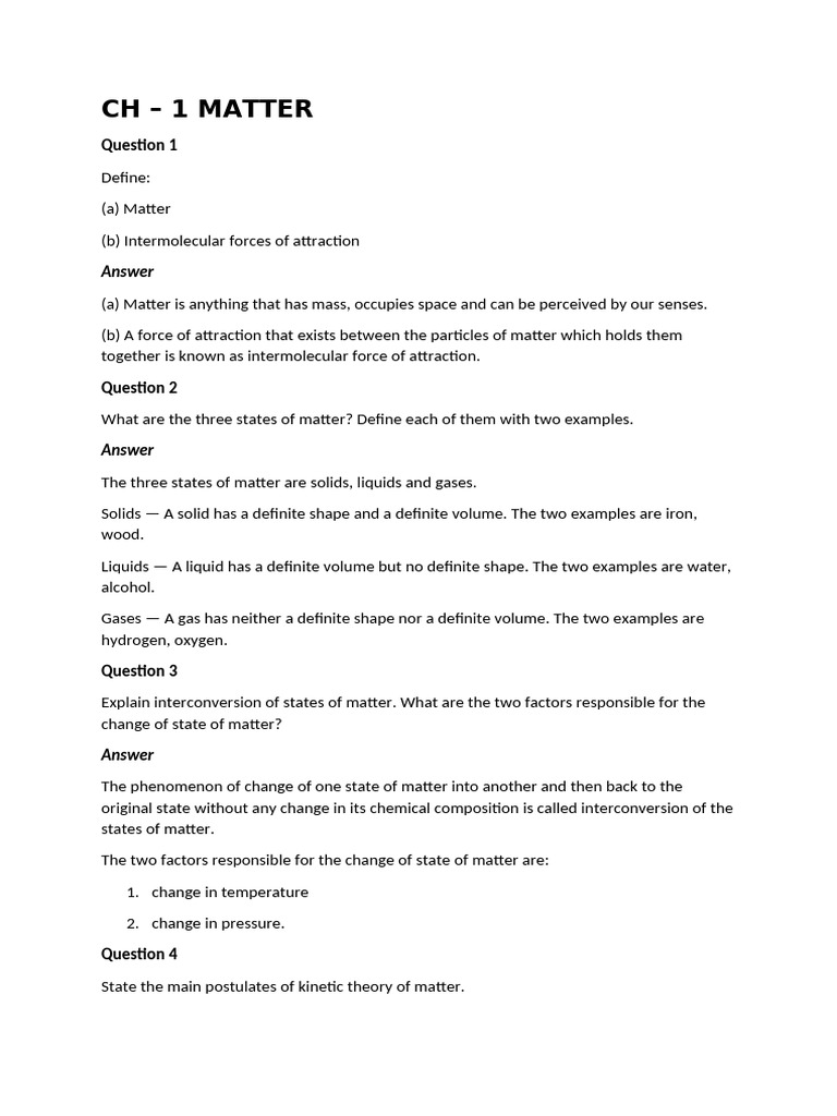 CH - 1 Matter: Answer | PDF | Gases | Matter