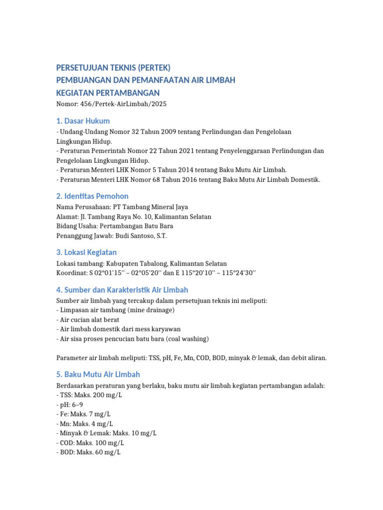 Persetujuan Teknis Air Limbah Pertambangan | PDF