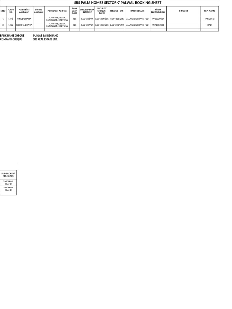 Booking Sheet Srs Palwal | PDF