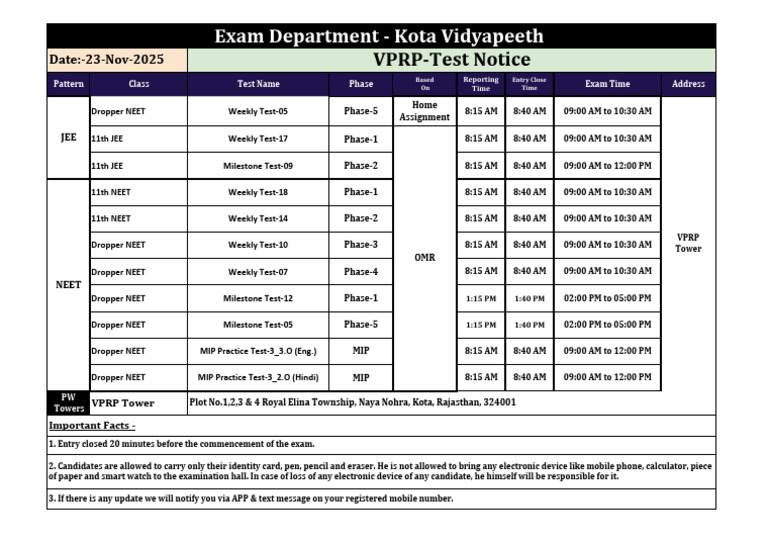 Test Notice VPRP 23-November-2025 | PDF | Student Assessment And ...