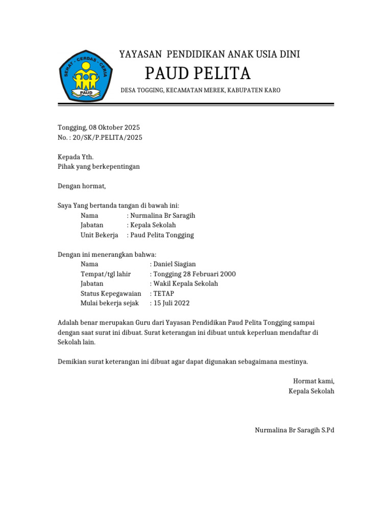 Surat Keterangan Guru PAUD Pelita | PDF