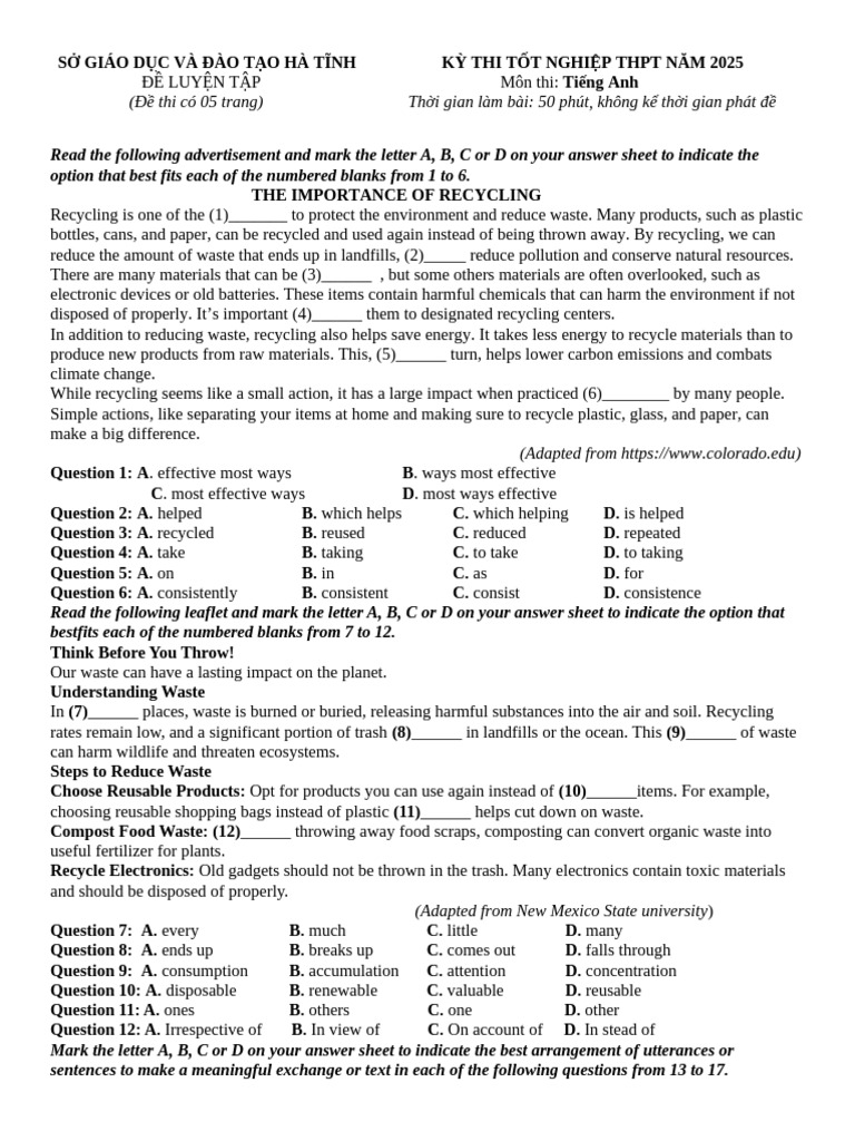 English Exam Practice: Recycling & Waste | PDF | Waste | Recycling