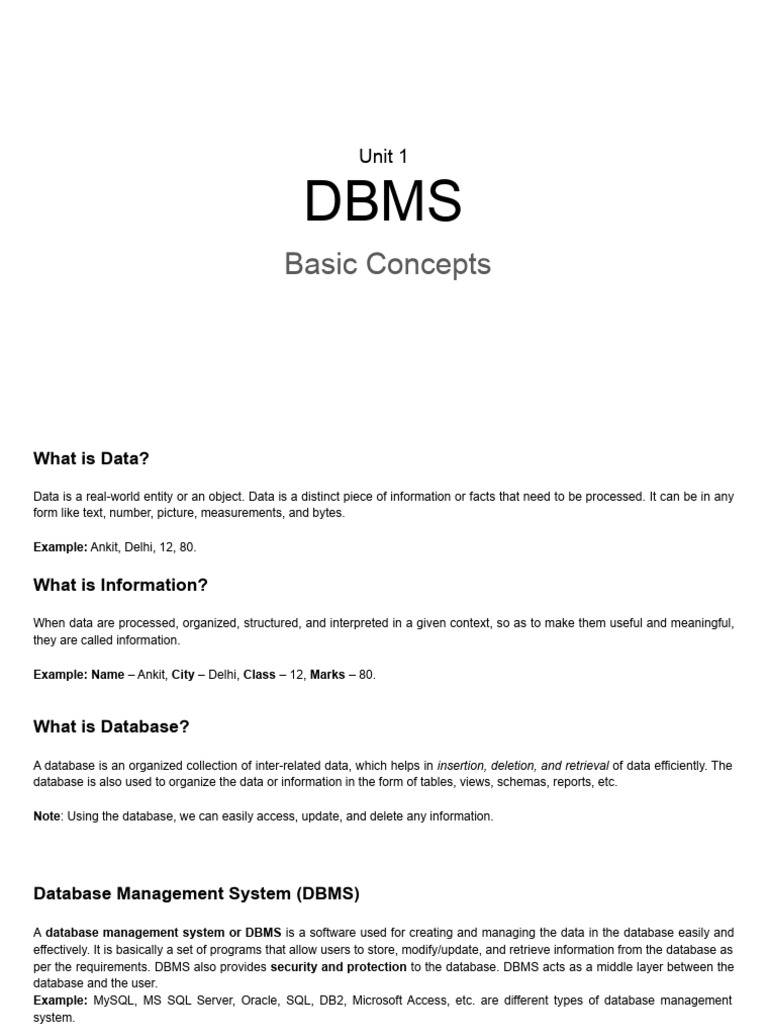 DBMS Basic Concepts | PDF | Databases | Relational Model