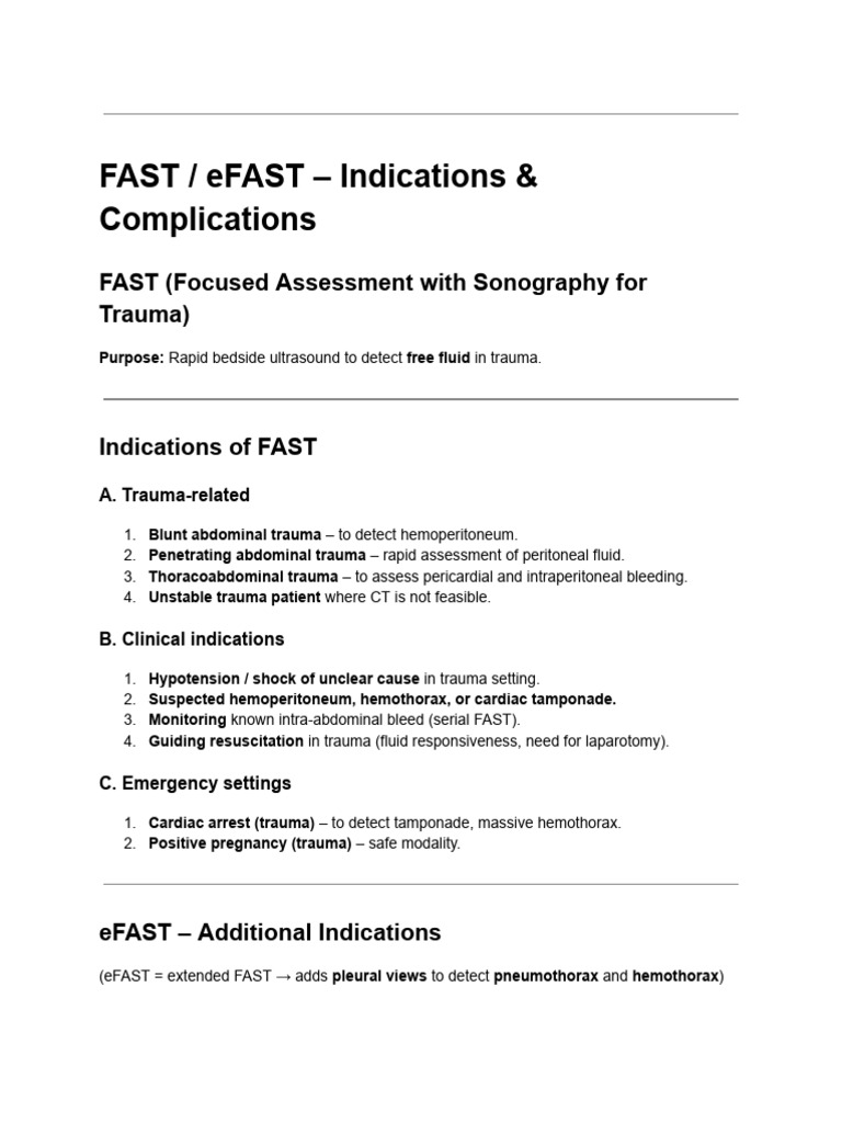 FAST - eFAST - Indications, Complications, Procedure | PDF | Major ...