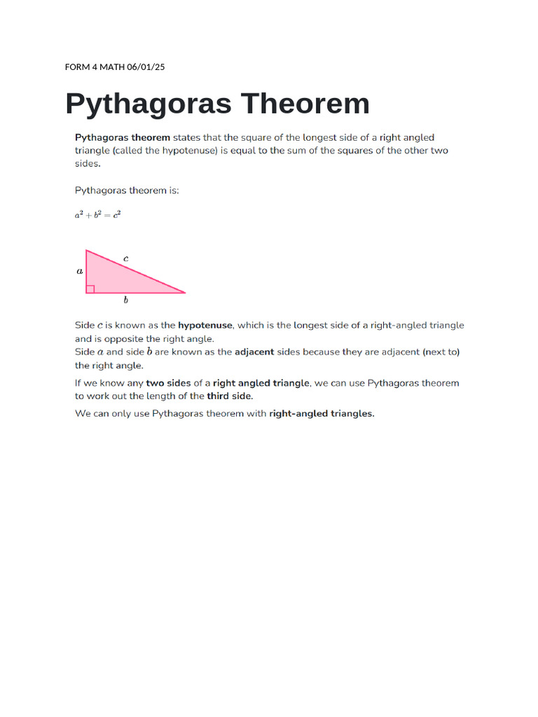 FORM 4 MATH Pythagorean Theorem | PDF