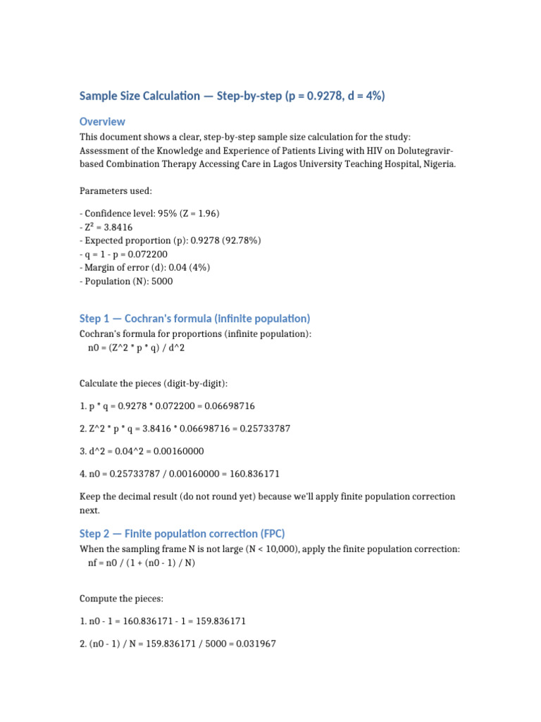 Sample Size Calc p0.9278 d4 Percent | PDF | Standard Error ...