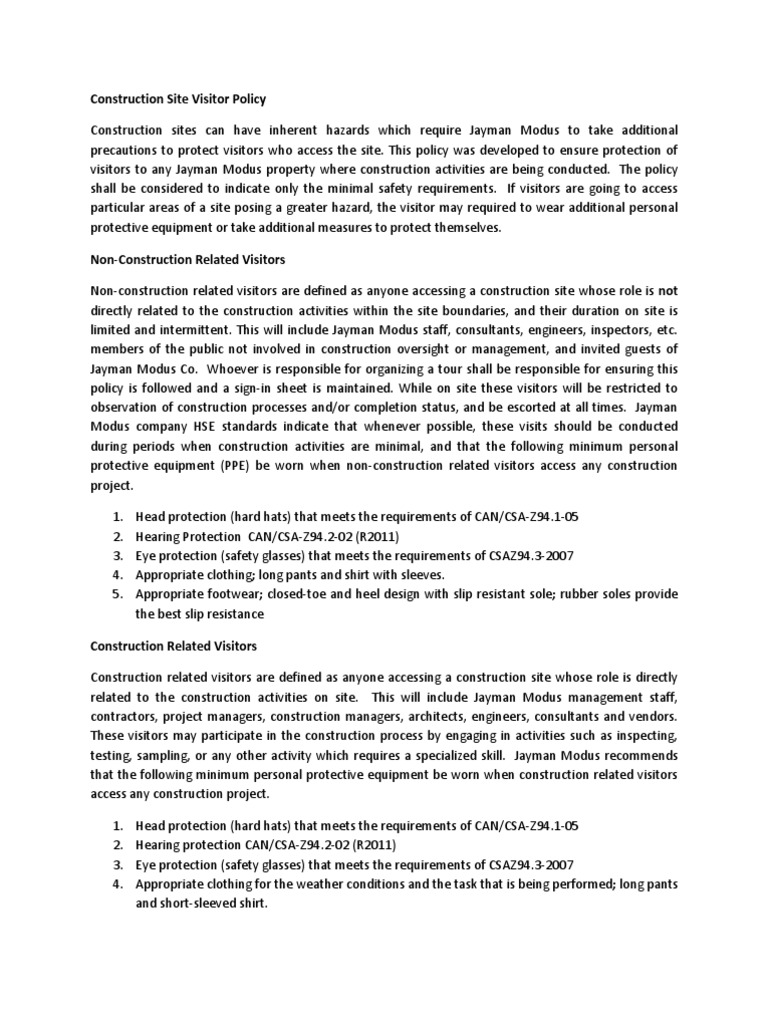 Construction Site Visitor Policy | Personal Protective Equipment | Safety