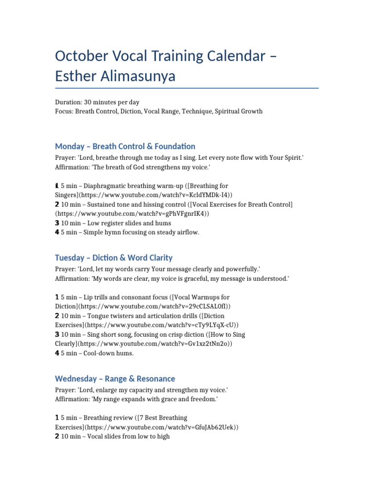 October Vocal Training Calendar Esther Alimasunya | PDF | Vocal ...