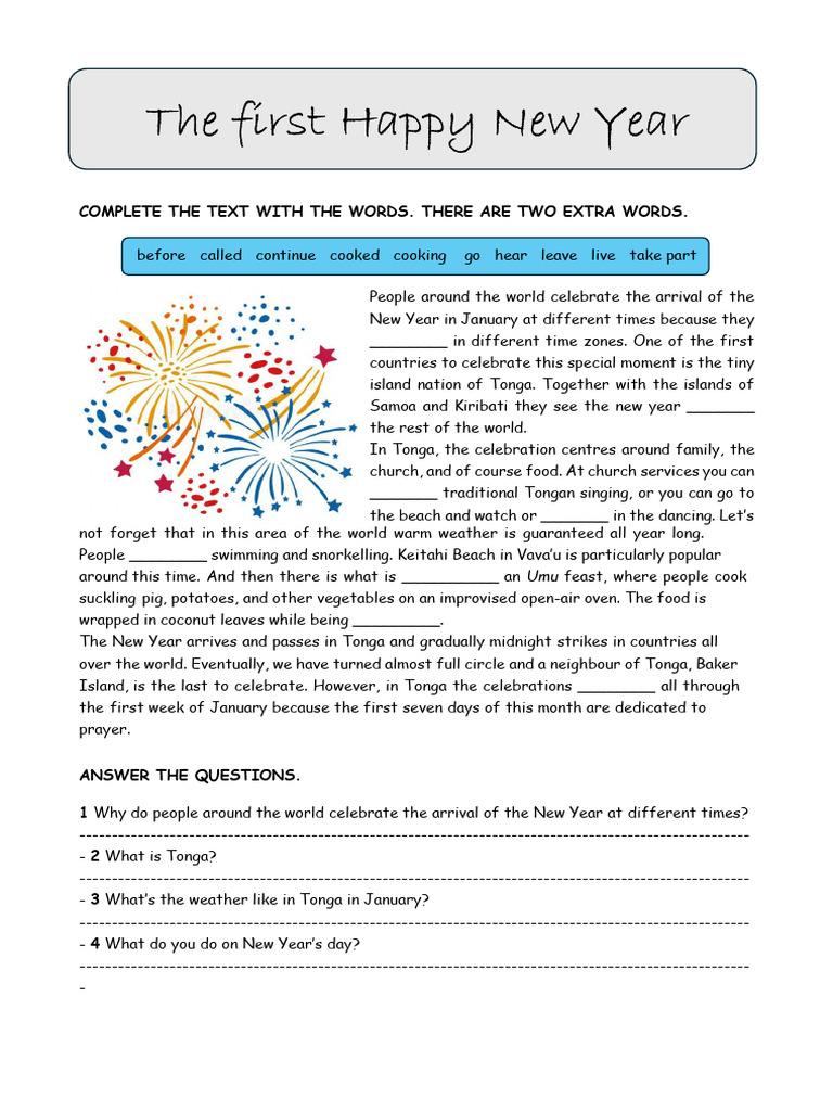 The First Happy New Year - Reading Comprehension | PDF | Tonga | Cooking