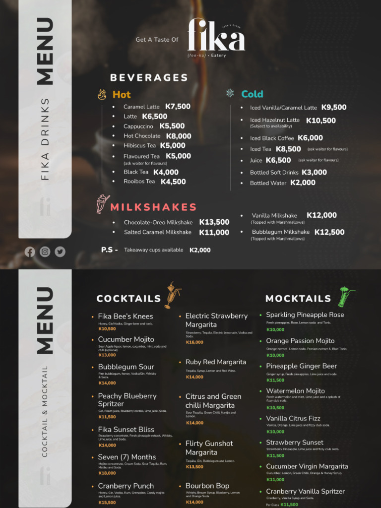 02.fika Drinks Menu (Beverages - Cocktails, Mocktails & Jugs) | PDF