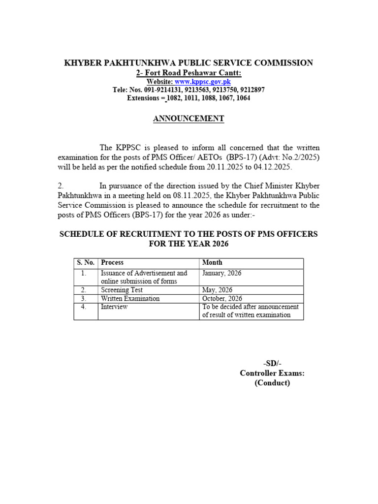 PMS AETO 2025 Exam PMS 2026 Announcement 11112025i | PDF