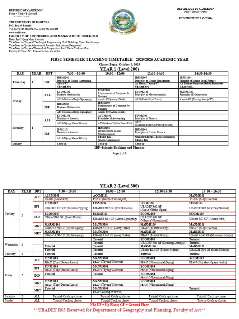 2025/2026 First Semester Timetable | PDF