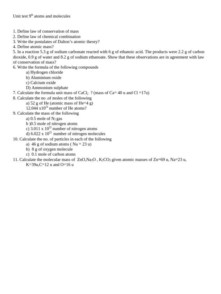 9th Grade Unit Test: Atoms & Molecules | PDF | Atoms | Molecules