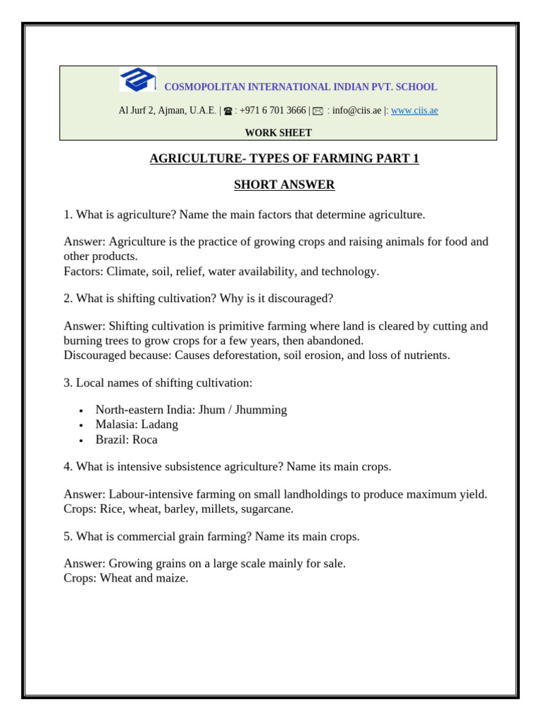 Agriculture Worksheet - Part 1 | PDF