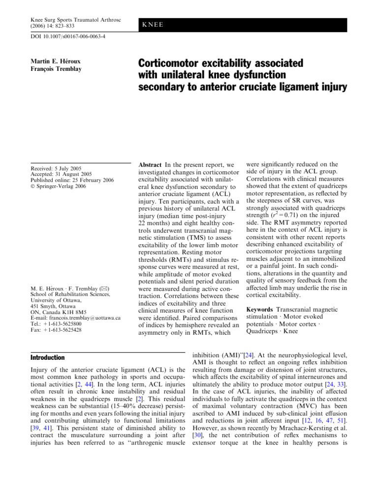 Corticomotor Excitability Associated With Unilateral Knee Dysfunction ...