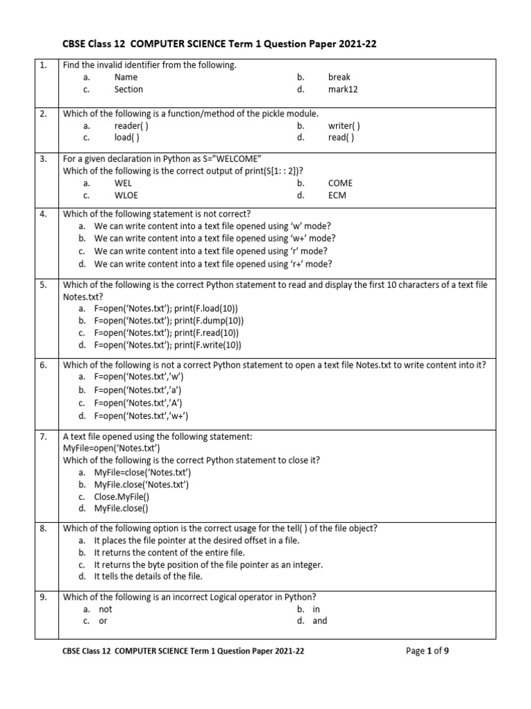 Class 12 Computer Science 2021 Term-1 Dec | PDF | Scope (Computer Science) | Parameter (Computer ...