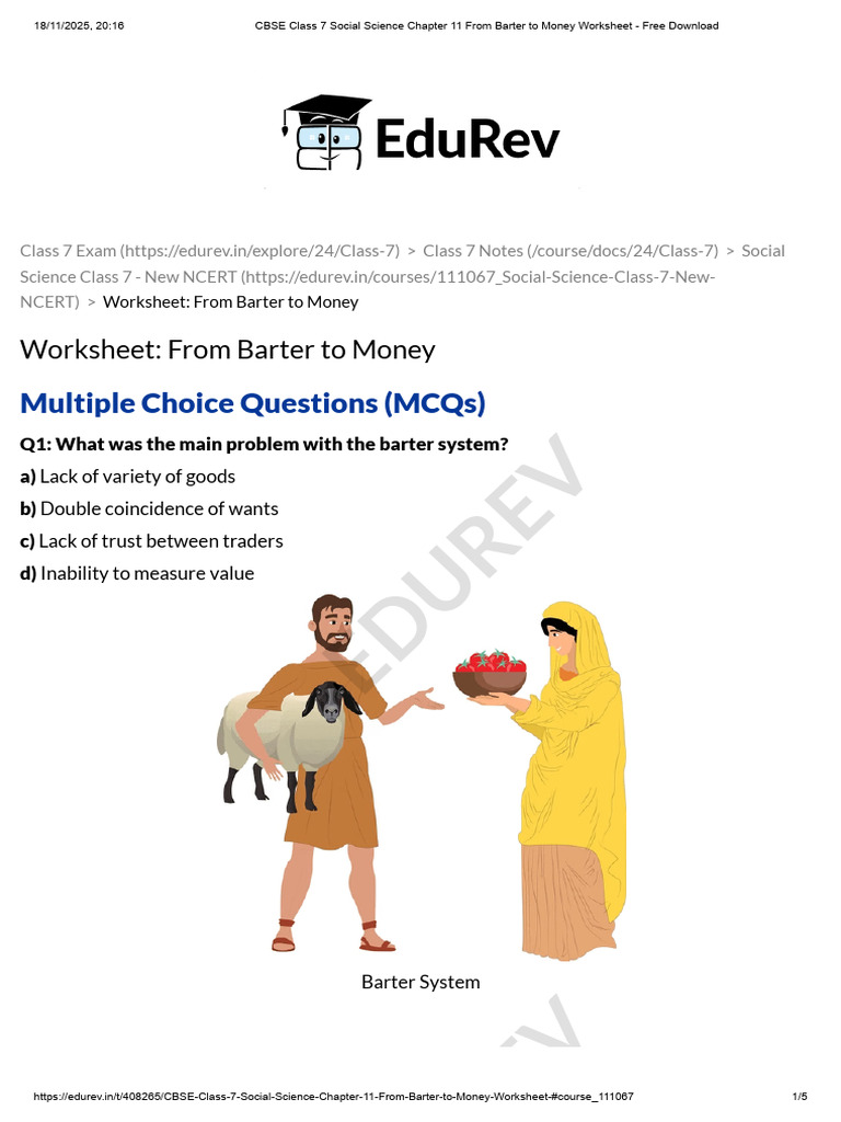 Class 7 Barter to Money Worksheet | PDF | Money | Barter