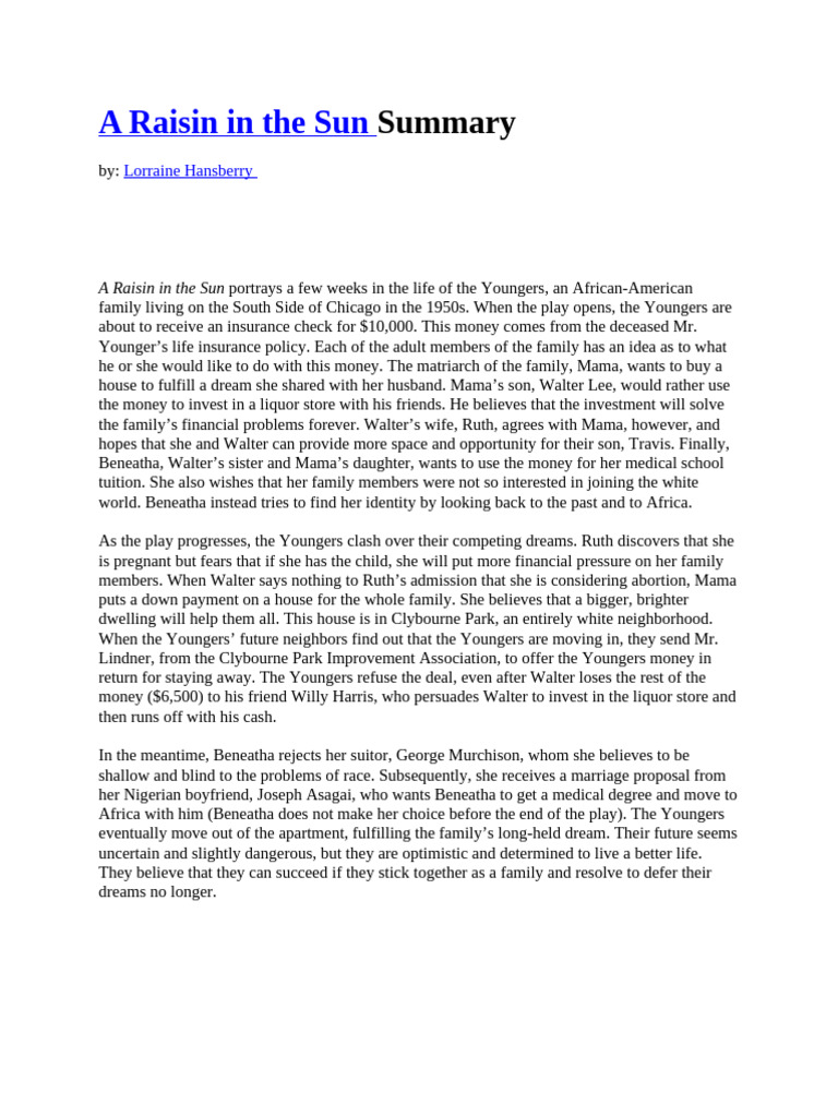 Raisin in The SUn Summary 2 | PDF