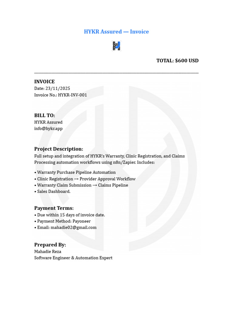 HYKR Invoice | PDF