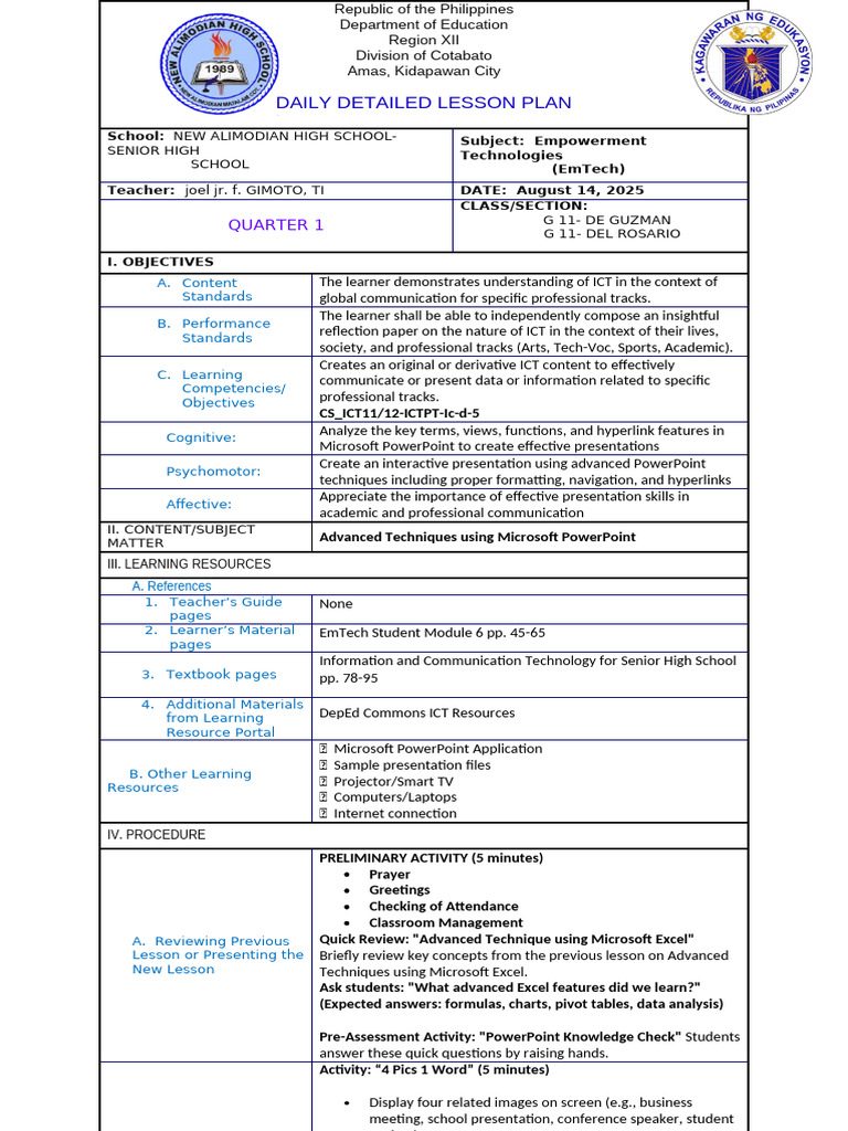 sample lesson plan for empowerment technology | PDF | Educational ...