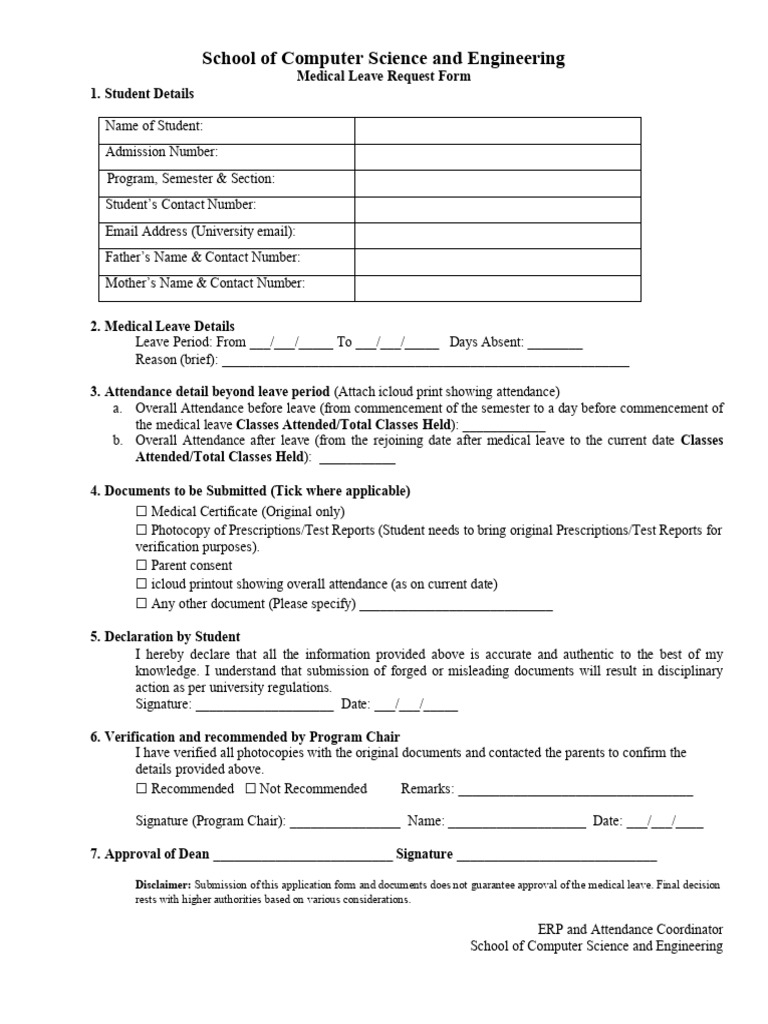 Medical Leave Approval Application One Page | PDF