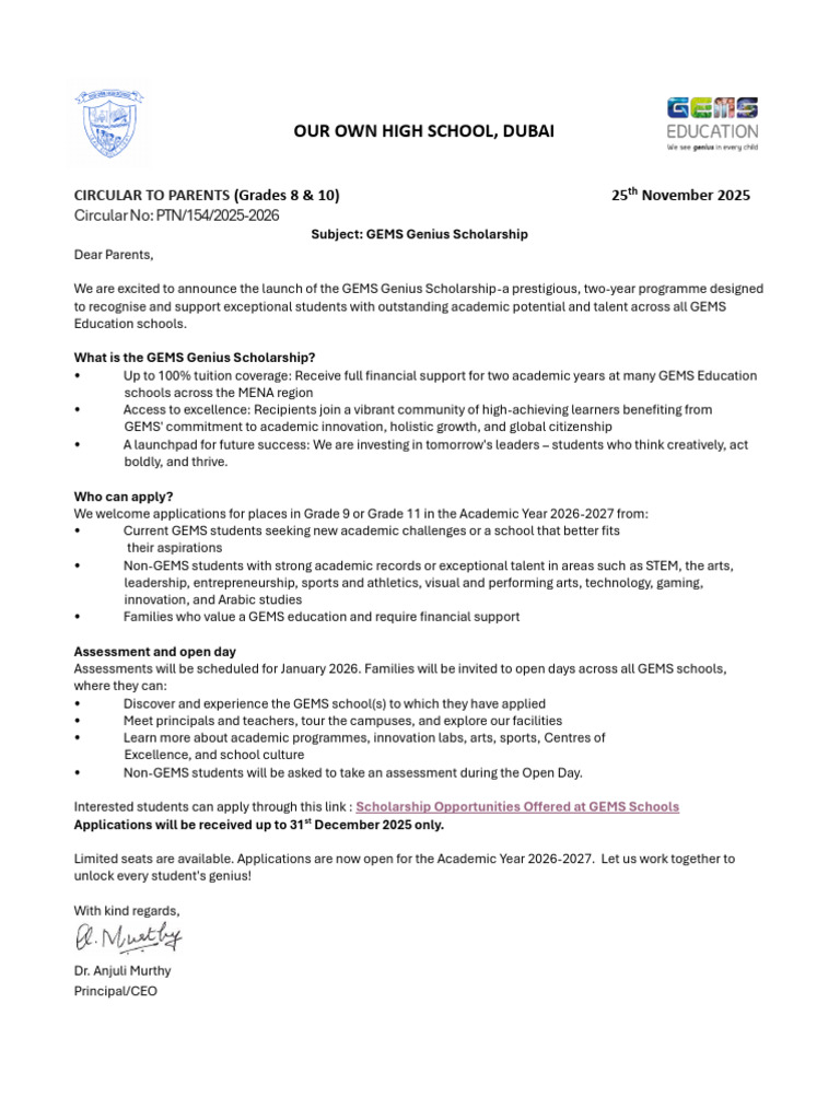 Circular - GEMS Genius Scholarship 251125 151321 | PDF
