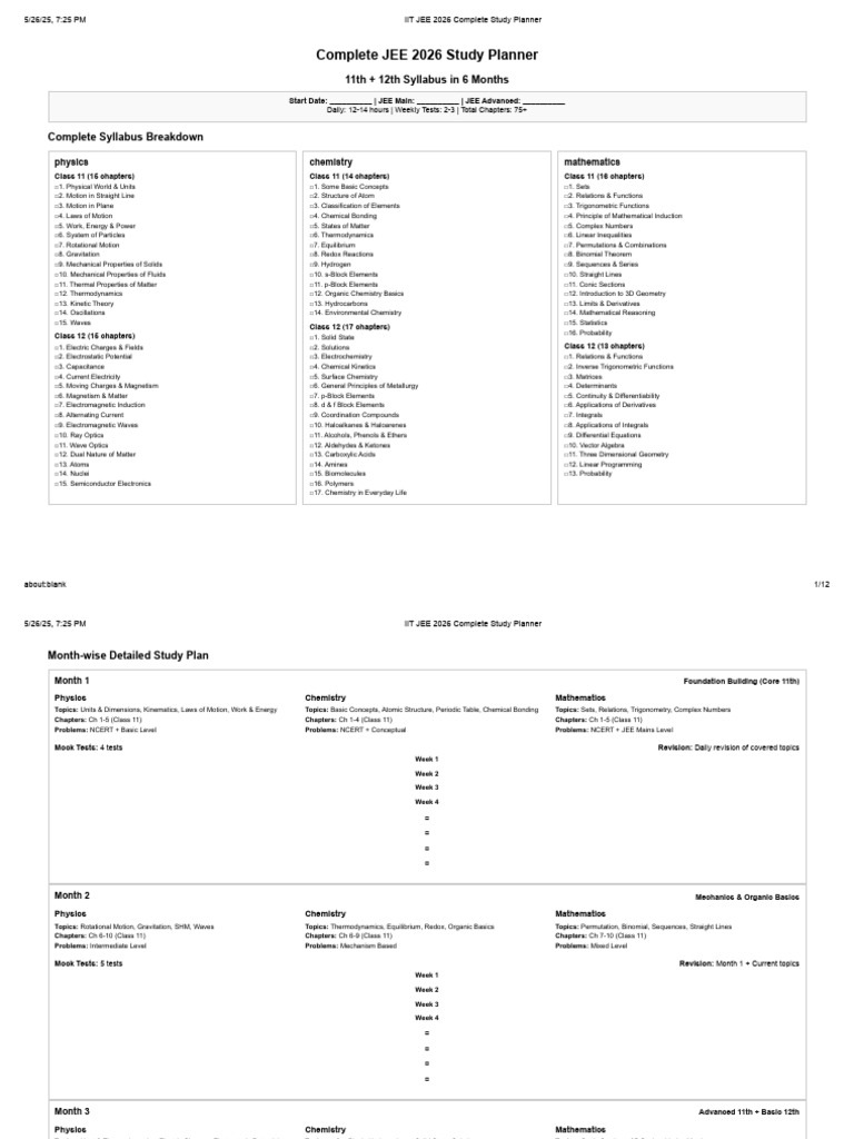 IIT JEE 2026 Complete Study Planner | PDF | Chemistry | Applied And Interdisciplinary Physics