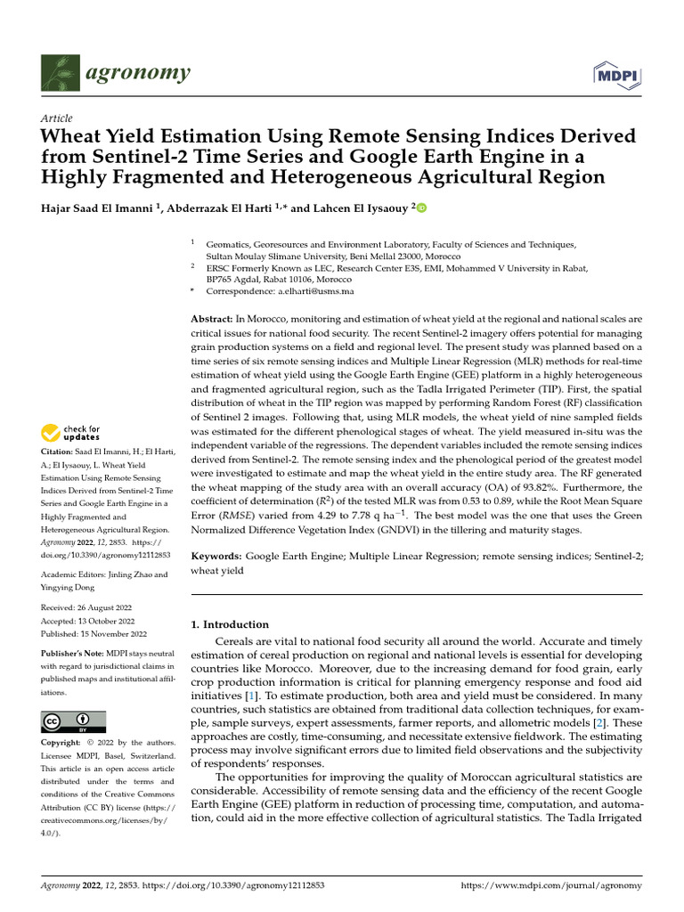 Wheat Yield Estimation via Remote Sensing | PDF | Remote Sensing ...