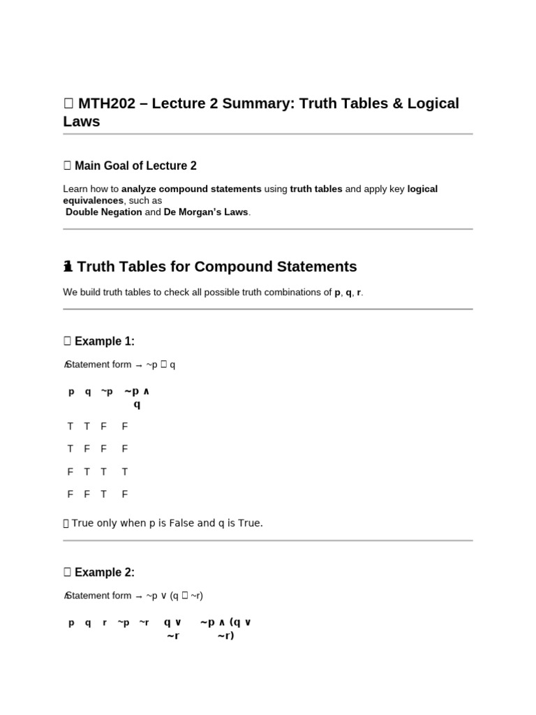 MTH202 - Lecture 2 - Summary - Truth Tables & Logical Laws | PDF ...