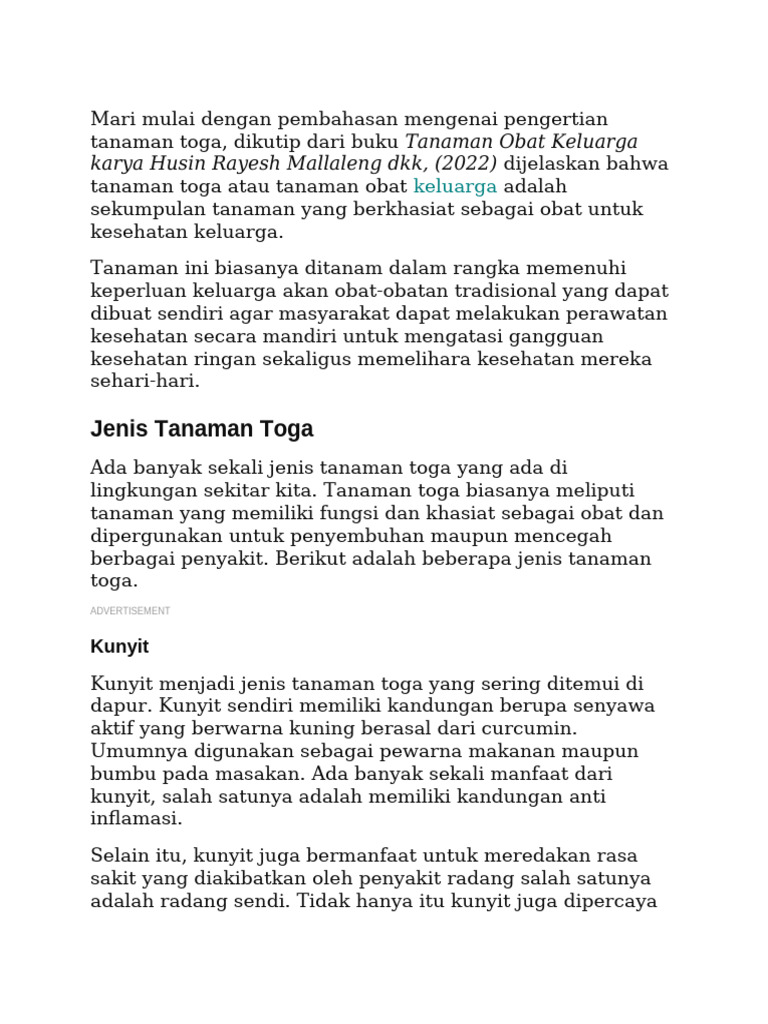 Jenis-Jenis Tanaman Toga untuk Kesehatan | PDF