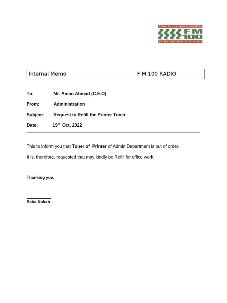 Printer Toner Refill Request Memo | PDF